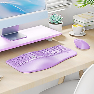 MEETION Ergonomic Wireless Keyboard and Mouse, Ergo Keyboard with Vertical Mouse, Split Keyboard Cushioned Wrist Palm Rest Natural Typing Rechargeable Full Size, Windows/Mac/Computer/Laptop,Purple