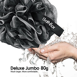 Bathflor Loofah Sponge Exfoliating Body Scrubber: 4PCS Extra Large 80g Shower Loofahs Poufs, 1PCS Long Handle Loofa Back Scrubber, 1PCS Luffa Hook, Charcoal Loofah Pack for Women Men Bath Wash, Black