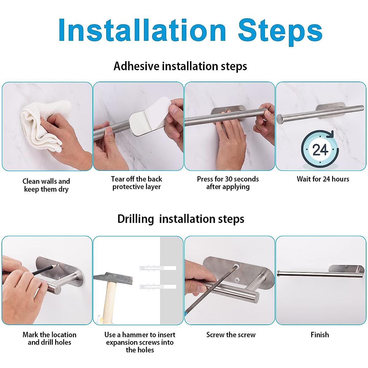 Paper Towel Holder Under Cabinet,Kitchen Wall Mount Stainless Steel Paper Towel Holder, Self-Adhesive or Screw Mount, for Kitchen and Bathroom.Silver 2pack