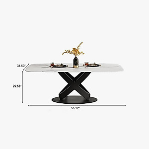 Jinsi Nan] Modern Sintered Stone Dining Table with X-Shaped Carbon Steel Base, Rectangular Dining Table for Kitchen Dining Room, Living Room, Restaurant, Black White (55 inches)