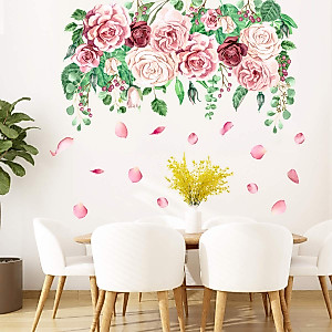 Peony Flowers Wall Decals Rose Flower Green Leaves Stickers DIY 3D Removable Floral Rose Skirting Wall Art Murals for Kids Baby Girls Bedroom Living Room Nursery Kitchen Office Room Decoration (Pink)