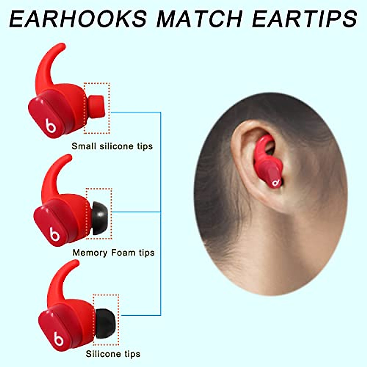 Anti Slip Silicone Ear Hook Tips for Beats Studio Buds Eartips for Beats Earbuds Replacement for Beats Cover Red 2 Pairs