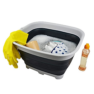 SAMMART 15L (3.9 Gallon) Collapsible Dishpan with Draining Plug - Foldable Washing Basin - Portable Dish Washing Tub - Camping & Space Saving Kitchen Storage Tray (Grey/Slate Grey)