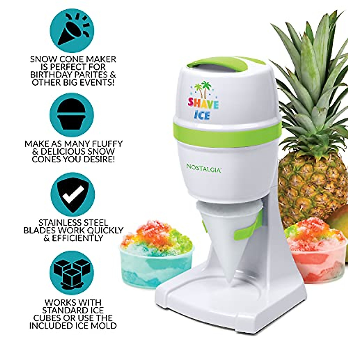 Nostalgia Electric Hawaiian Table-Top Snow Cone Maker, Shaved Ice Machine Includes 1 Reusable Plastic Cup and Ice Molds, White/Green
