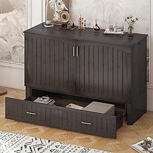 PUREMIND Murphy Bed Cabinet with Built-in Charging Station and Storage Drawer, Solid Wood Cabinet Bed Queen Size with Mattress, Murphy Cube Chest Bed for Guest Room, Home, Office,Gray