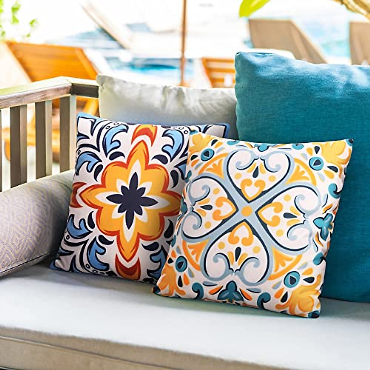 VIGVOG Yellow Blue Outdoor Indoor Waterproof Throw Pillow Covers 18x18 Inch Set of 4 Boho Floral Double-Sided Pillow Covers Modern Cushion Cases for Patio Funiture Garden Farmhouse Home Decor