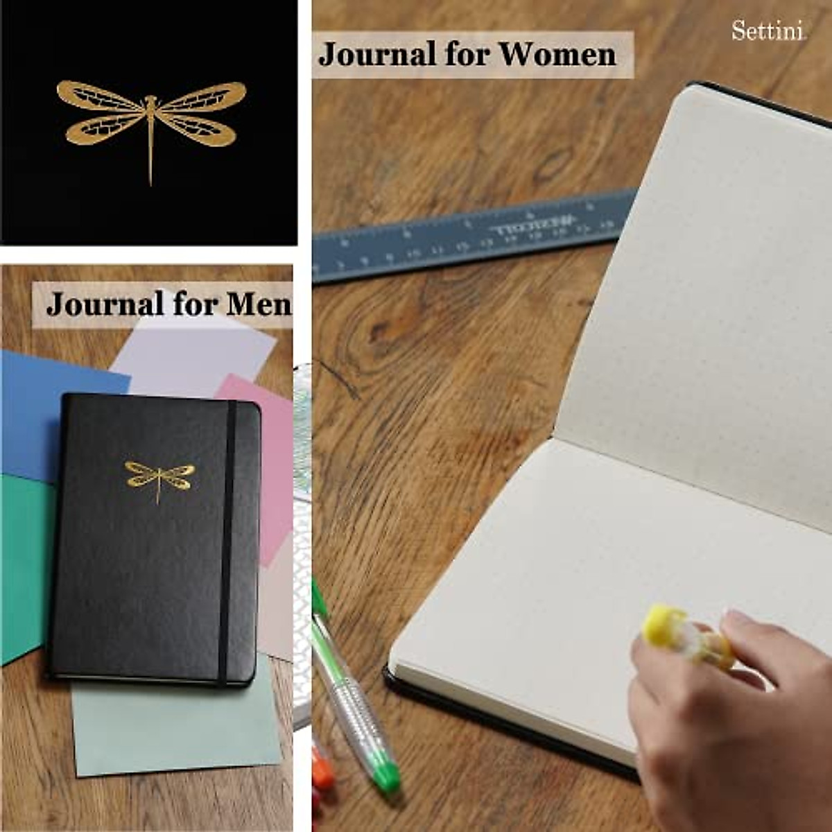 SETTINI Dotted Journal - A5 Vegan Leather Notebook, 192 Archival-Quality Pages, QuillEase Bleed-Free Paper, Inner Pocket & Bookmark, Ideal for Bullet Journaling - Black Dragonfly