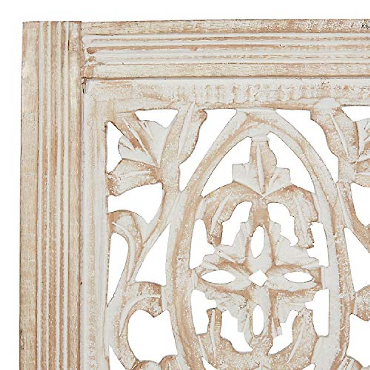 Deco 79 Mango Wood Floral Handmade Intricately Carved Arabesque Wall Decor, 12" x 1" x 36", Cream White