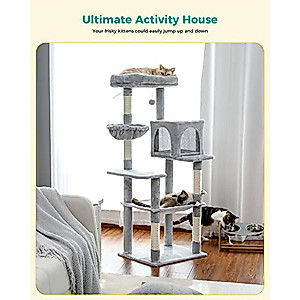 PETEPELA Cat Tree for Large Cats, 56.3" Multi-Level Cat Tower with Sisal Scratching Posts, Super Large Hammock(20"x17") and Top Cat Perch for Heavy Cats, Grey