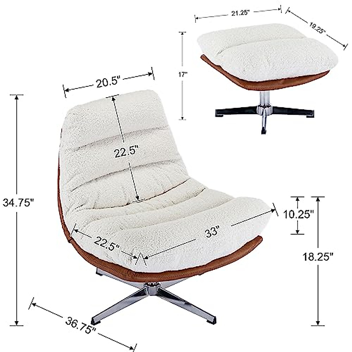 BESTANO Swivel Accent Chair with Ottoman, Mid Century Modern Faux Sherpa Lounge Chair with footrest, Fluffy Oversized Armchair with 360 Degree Metal Base for Living Room/Bedroom, Cream