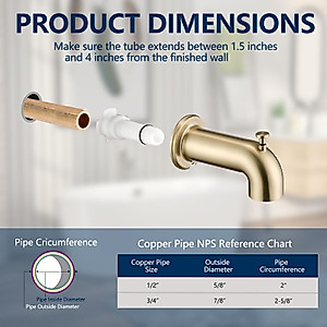 Sperwoesy Slip-On Tub Spout with Diverter Long for Bathtub Spout, Fit for 1/2 Inch Slip Pipe, Brushed Gold