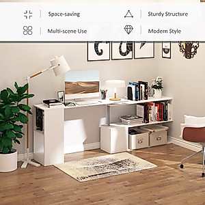 HOMCOM 55" 360° Rotating Corner Computer Desk Modern L-Shaped Home Office Workstation with 3-Tier Storage Shelves, Bookshelf, White