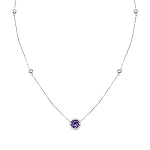.925 Sterling Silver Genuine Purple Amethyst & Lab-Grown White Sapphire 5 Station Necklace - 20” Cable Chain - February