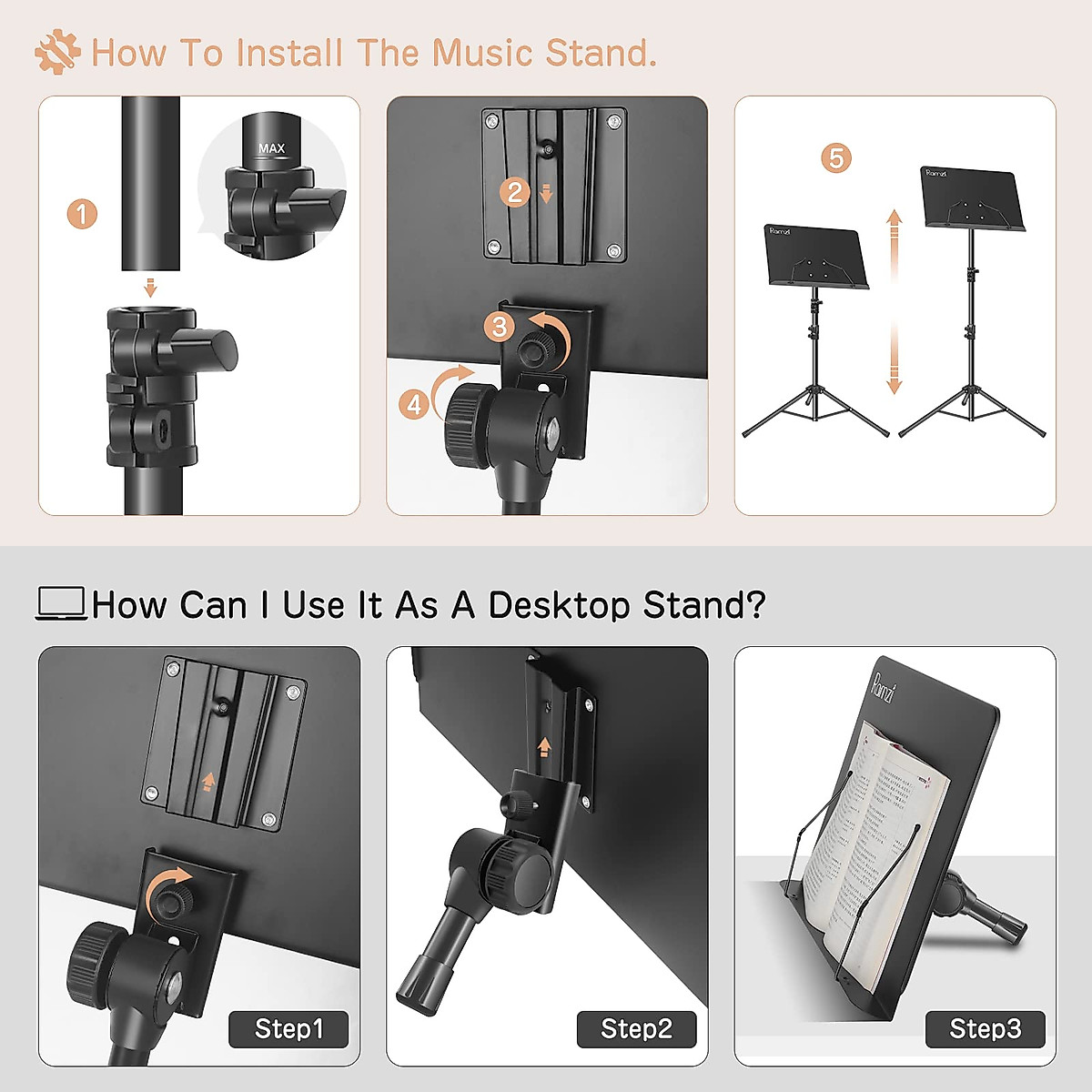 Ramzi Portable 5-in-1 Dual-Use Sheet Music Stand with Light, Clip, and Carrying Bag