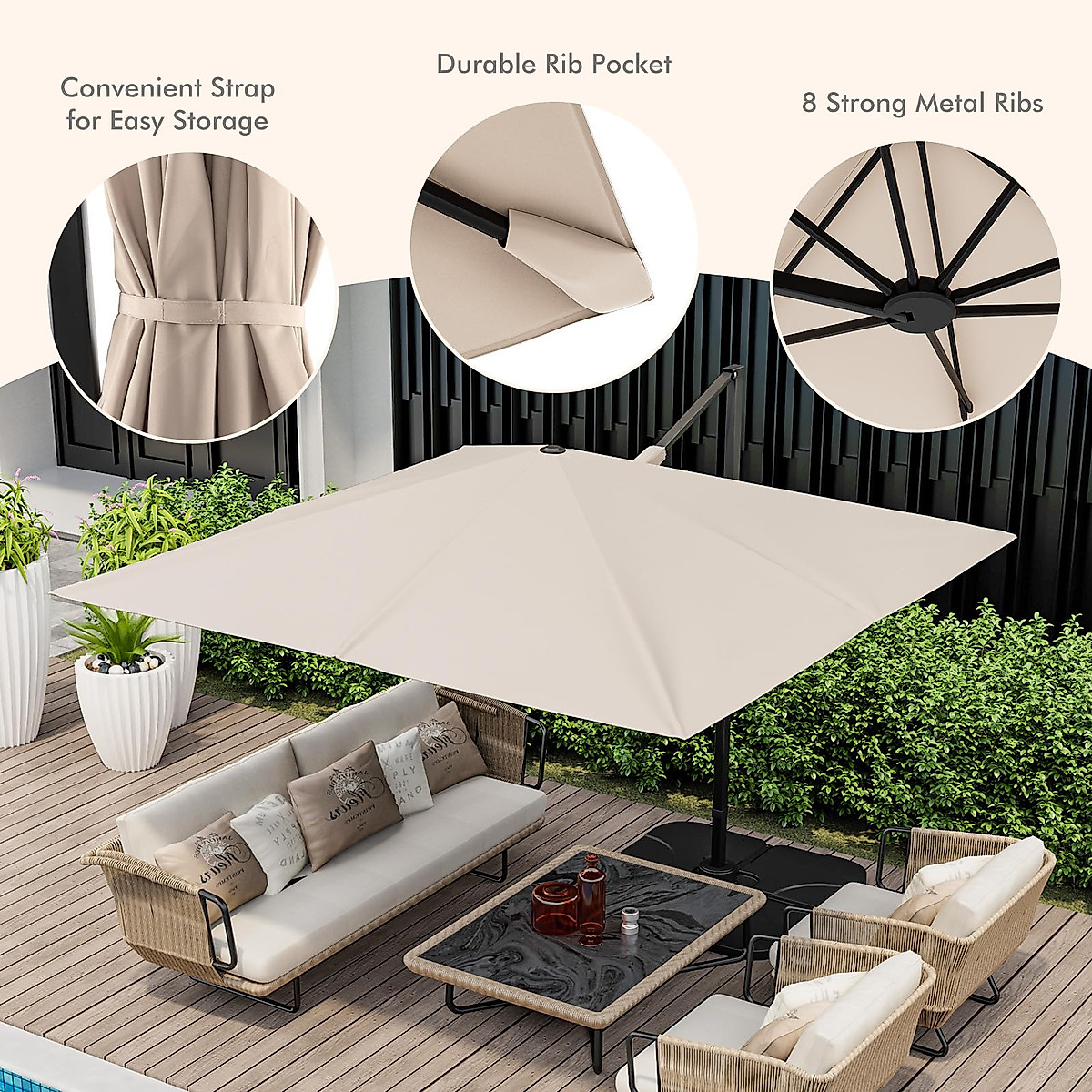 Tangkula 9.5 FT Cantilever Patio Umbrella, Outdoor Square Offset Umbrella with 360癛otation, Heavy Duty Patio Hanging Umbrella with Cross Base for Garden Deck Pool Backyard (Beige)