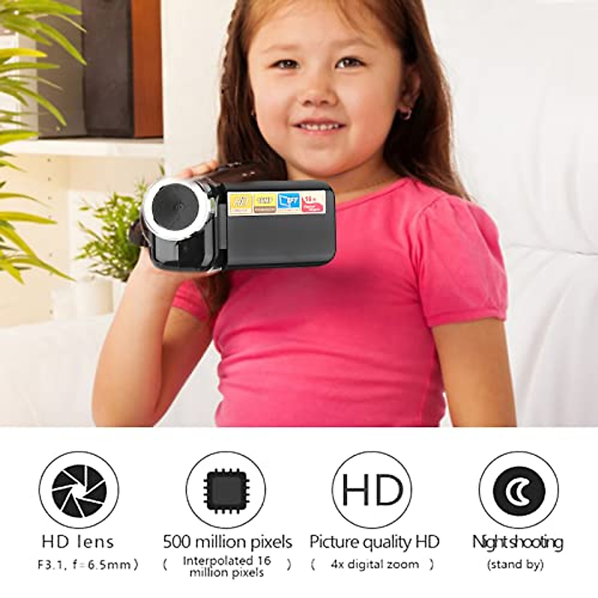 Portable Child DV Camera, 16X Digital Zoom, HD Camera, Support Memory Card, Children's Toys with TFT LCD Sceen (Black)