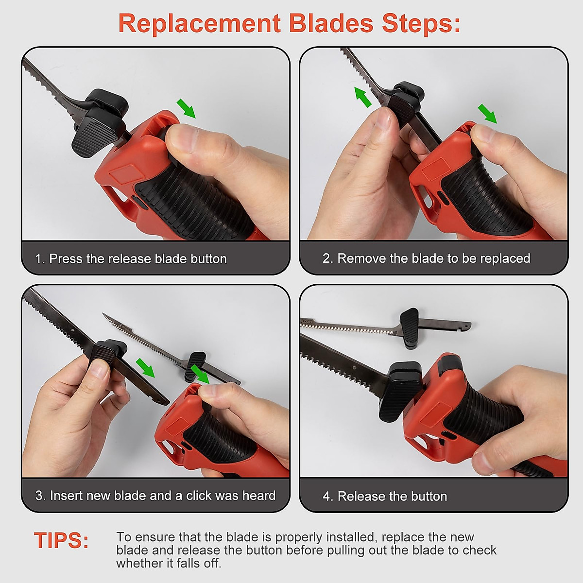 VLOXO Cordless Electric Fillet Knife with 4 Ti-Nitride S.S. Coated Non-Stick Blades & 2 Batteries Safe Lock Non-Slip Grip Handle Rechargeable Electric Fishing Knife Outdoor Edge Knife for Fishing