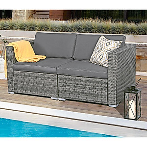 Patiorama Outdoor Wicker Loveseat 2 Pieces, All Weather Grey PE Rattan Sectional Corner Sofa Set, Additional Extra Chairs for Outdoor Sectional Sofa Set, Dark Grey Cushion