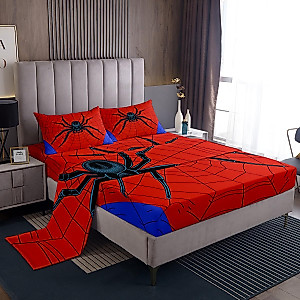 Spider Web Kids Sheet King Size,Black Spider Arachnid Insect Animals Bedding Set,Boys Girls Women Men Room Decor,Happy Halloween Red Blue Fashion Bed Sheet Set 4pcs(Fitted + Flat + 2 Pillowcases)