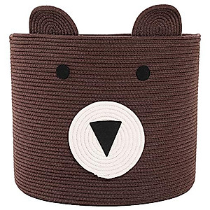 Bear Basket, Animal Basket, Large Cotton Rope Basket, Large Storage Basket, Woven Laundry Hamper, Toy Storage Bin, for Kids Toys Clothes in Bedroom, Baby Nursery, Dark Brown 18"x15"
