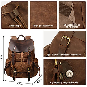 HuaChen Rugged Leather and Waxed Canvas Backpack for Men, Shoulder Rucksack for Travel Laptop School Hiking (M80_Brown)