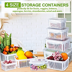 Rtteri 8 Pack Fruit Storage Containers for Fridge Produce Saver Containers for Refrigerator with Drain Colander Plastic Produce Keepers Refrigerator Organizer for Vegetable Berry Salad Lettuce (White)