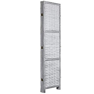 MyGift Privacy Screen, 4-Panel 6ft Vintage Gray Wood & Whitewashed Woven Bamboo Room Divider Screen