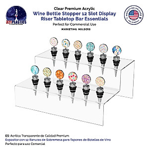 Marketing Holders Wine Stopper Wine Bottle Topper Liquor Pourer Display Stand 12 Slot Rack .75 Inch Wide Holes Clear Acrylic 2 Tier Riser 11.75 Inch Wide by 4.75 Inch Deep Retail Counter Showcase