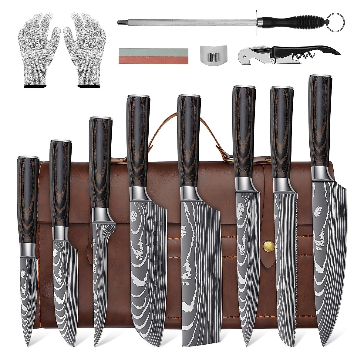 DRAGON ROIT Japanese Knives Set Damascus Pattern Chef Knife Set for Kitchen with Roll Bag, Sharp 14Pcs Stainless Kitchen Knife Set Brown Handle