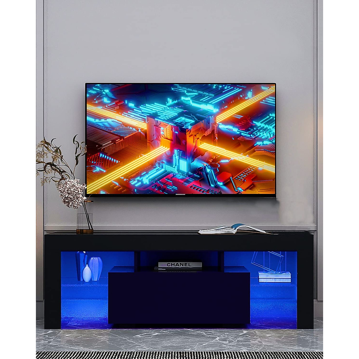 BAMACAR LED TV Stand For 60 Inch TV, Small TV Stand 60 Inch TV Table, 60 55 50 Inch TV Stand For Bedroom 60 55 50 Inch TV Stands For Living Room Black TV Stand For 50 55 Inch TV Stand 55 Inch TV Table