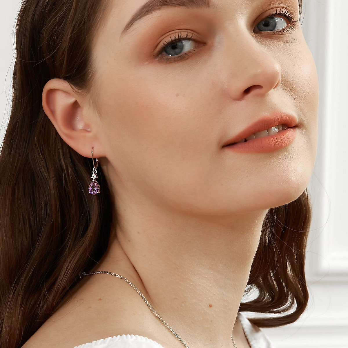 925 Sterling Silver Natural Amethyst Teardrop Leverback Earrings|7 * 9mm Pear Shaped Drop Dangly Earring Hypoallergenic Jewelry for Women