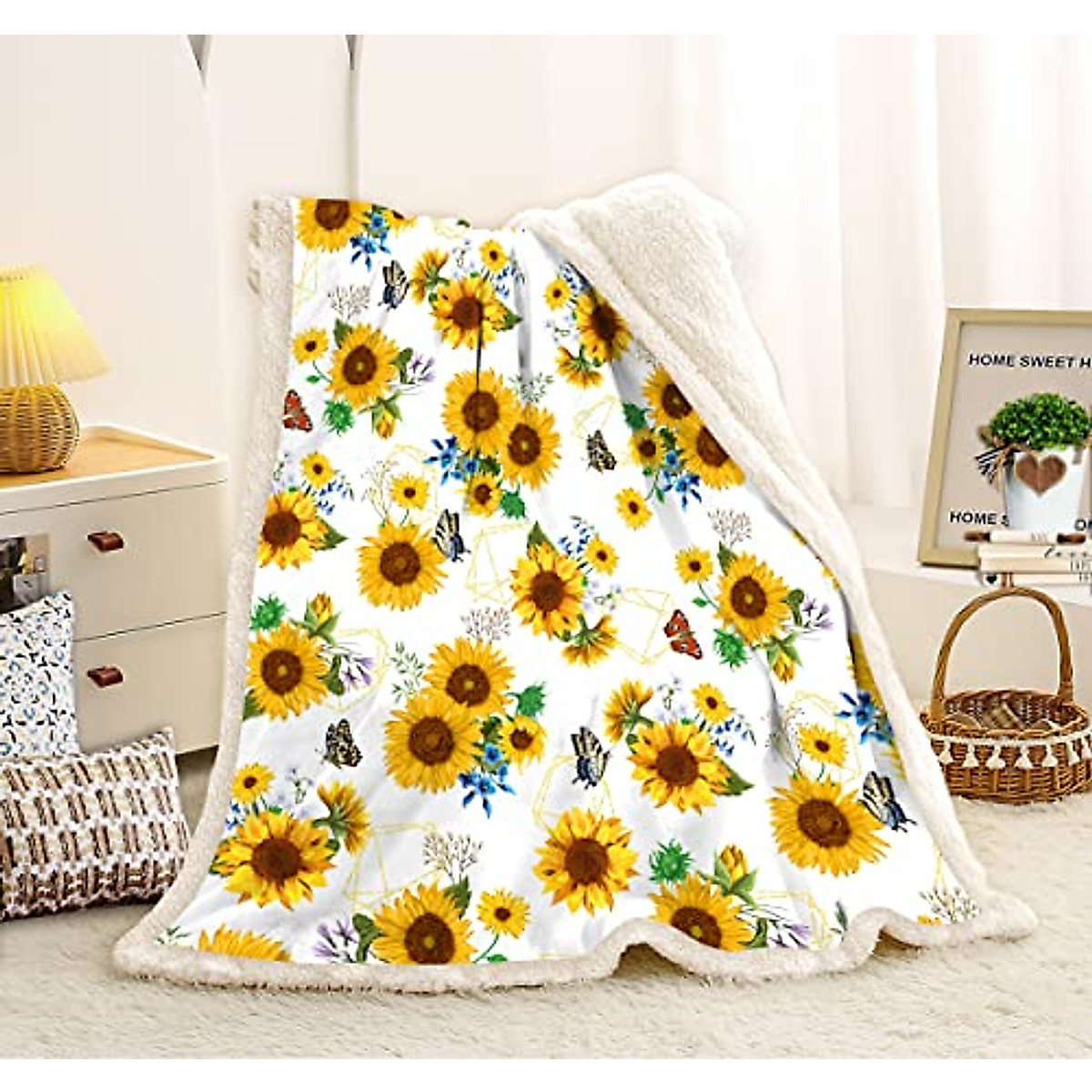 Sunflower Blanket Sunflower Gifts for Women Throw Blanket,Sunflower Gifts Bedding Decor White Throw Blanket,Sunflower Stuff Decorations Warm Soft Sherpa Thick Blanket for Bed Sofa Office
