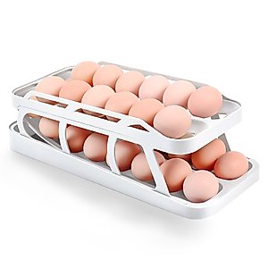 TUSGENK Egg Holder for Fridge, Automatic Rolling Egg Organizer Storage for Refrigerator, 2 Rows Space-Saving Eggs Dispenser, Large Capacity 28 Eggs Container & Tray for Kitchen (2 Layer,White)