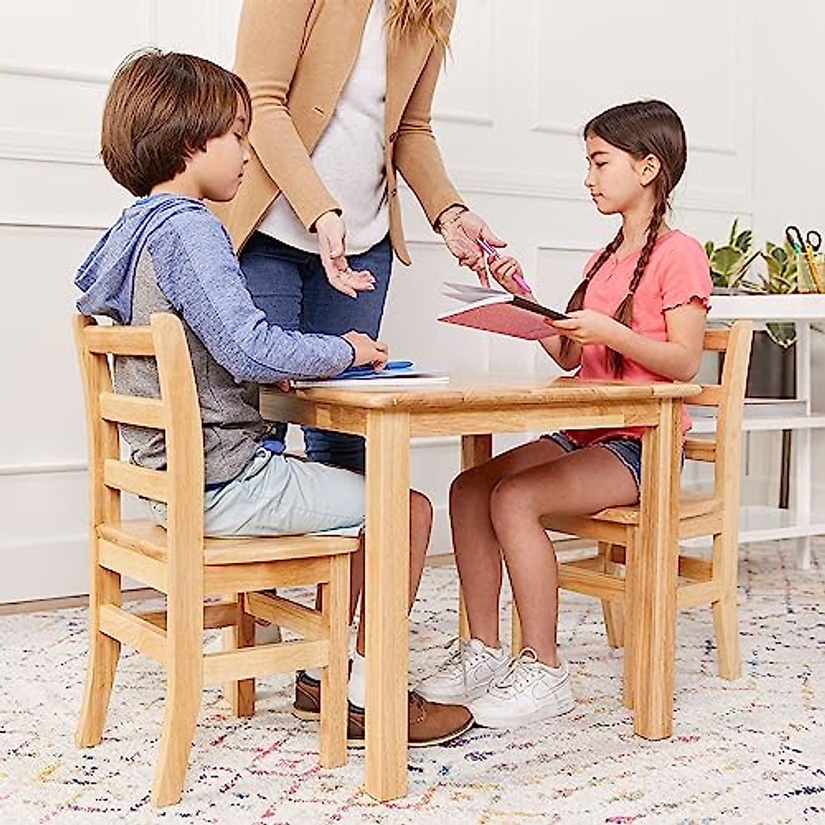 ECR4Kids 24in x 24in Hardwood Table and Chairs, 14in Seat Height, Kids Furniture, Natural, 3-Piece