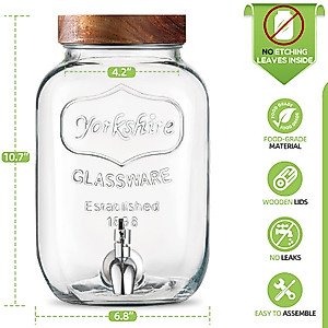 1-Gallon Glass Drink Dispenser with Stand, 18/8 Stainless Steel Spigot, Designed Wooden Lid - [2 Pack] Glass Beverage Dispensers for Parties - Mason Jar Drink Dispensers with Lids, Wooden Chalkboards