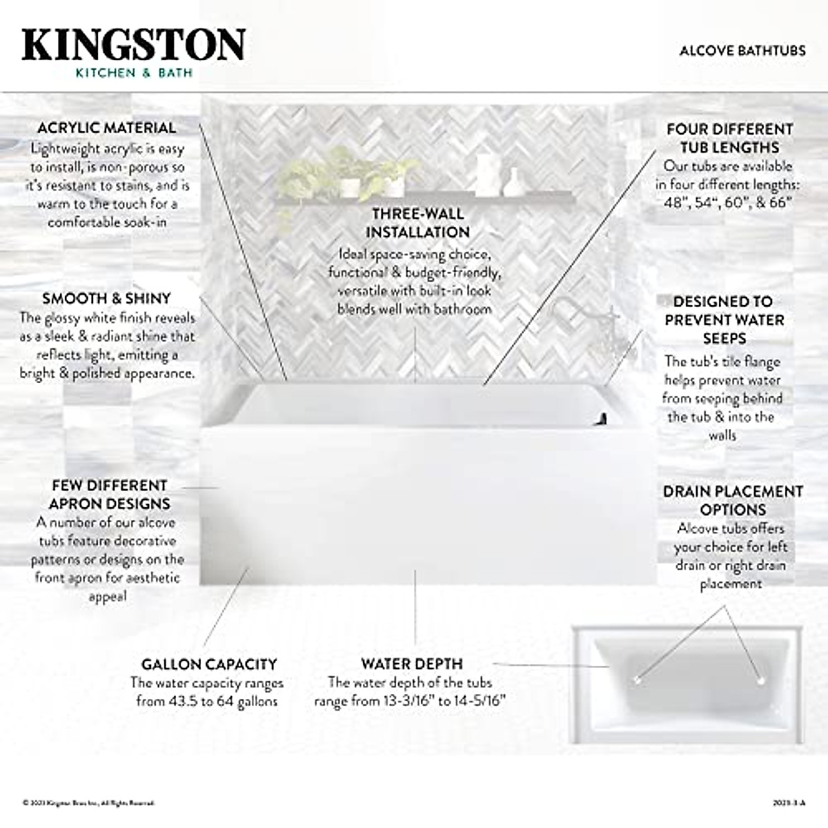 Kingston Brass Aqua Eden VTAP603622L 60-Inch Acrylic Alcove Tub with Left Hand Drain, White