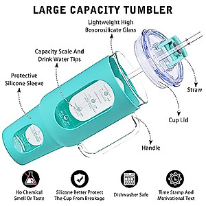 Zibtes 40 oz Glass Tumbler with Lid and Straws, Motivational Water Bottle with Time Marker and Silicone Protective Cover, Iced Coffee Cup with Handle,(Teal)