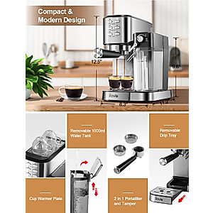 ILAVIE Espresso Machine with Integrated Automatic Milk Frother 6 in 1, 20 Bar Espresso Cappuccino Latte Maker with 24 oz Detachable Milk Reservoir, Ideal for Home Use