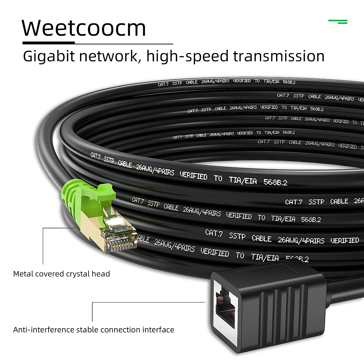 Weetcoocm Ethernet Extension Cable 20ft, Network Cat6a Extension Patch Cable RJ45 Cords Shielded Male to Female Connector (20FT)