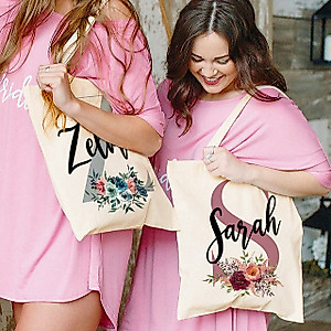 Personalized Wedding Floral Tote Bags Gift for Bridesmaid w/Initial & Name - 8 Design - Customized Canvas Bag for Girls - Custom Beach Shoulder Bag - Maids Bachelorette Party Bridal Shower Gifts C1