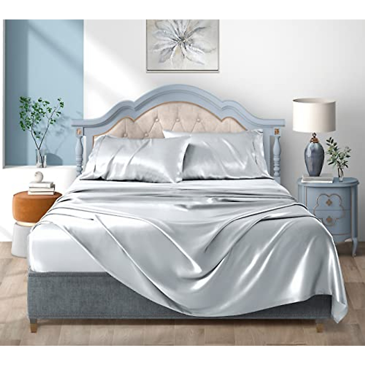 Satin Bed Sheets Full Size Sheet Sets, Silver Grey Silk Sheets, 4 - Pieces Soft Bedding Set with 1 Deep Pocket Fitted Sheet,1 Flat Sheet,2 Pillowcase