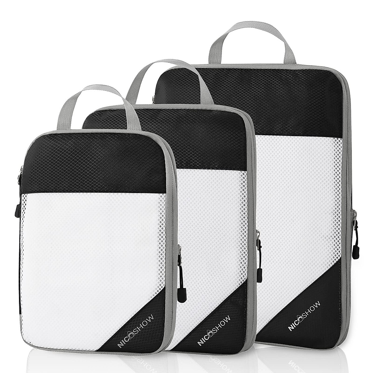 NICOSHOW 3 Set Compression Packing Cubes, Packing Cubes for Travel Compression, Compressible Packing Cubes Travel Essentials, Packing Organizers for Carry-on Luggage Suitcase, Black