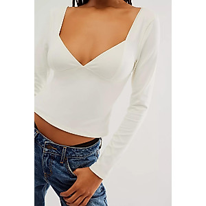 Cioatin Women’s Y2K Long Sleeve Sweetheart V Neck Bustier Crop Tops Tee Slim Fit Corset Going Out Cropped T Shirts Fall White