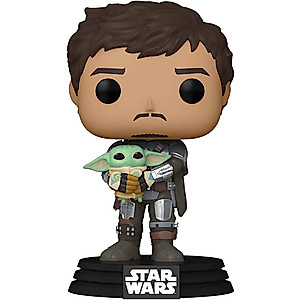 Funko Pop Bundle - 1 Star Wars: The Mandalorian - Mandalorian (Din Djarrin) Holding The Child (Grogu) Vinyl Figure with PET Plastic Box Protecter