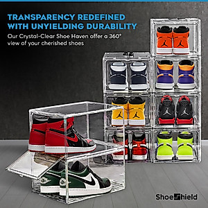 ShoeShield Ultra All Clear Shoe Boxes Plastic Stackable Professional Grade Shoe Display Case with Magnetic Front Drop Door Open Easy Assembly Modern Shoe Sneaker Display Case Fits US Size 14