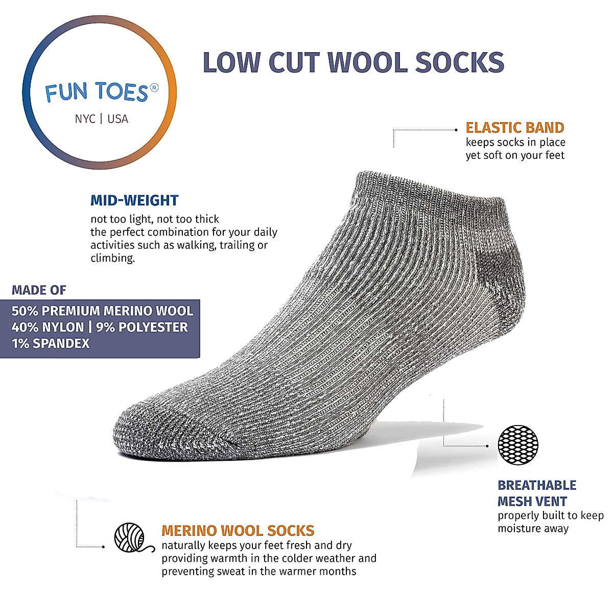 FUN TOES Low Cut Ankle Merino Wool Mens Hiking Running Socks Compression Arch Support Cushioned 6 Pairs (Grey)