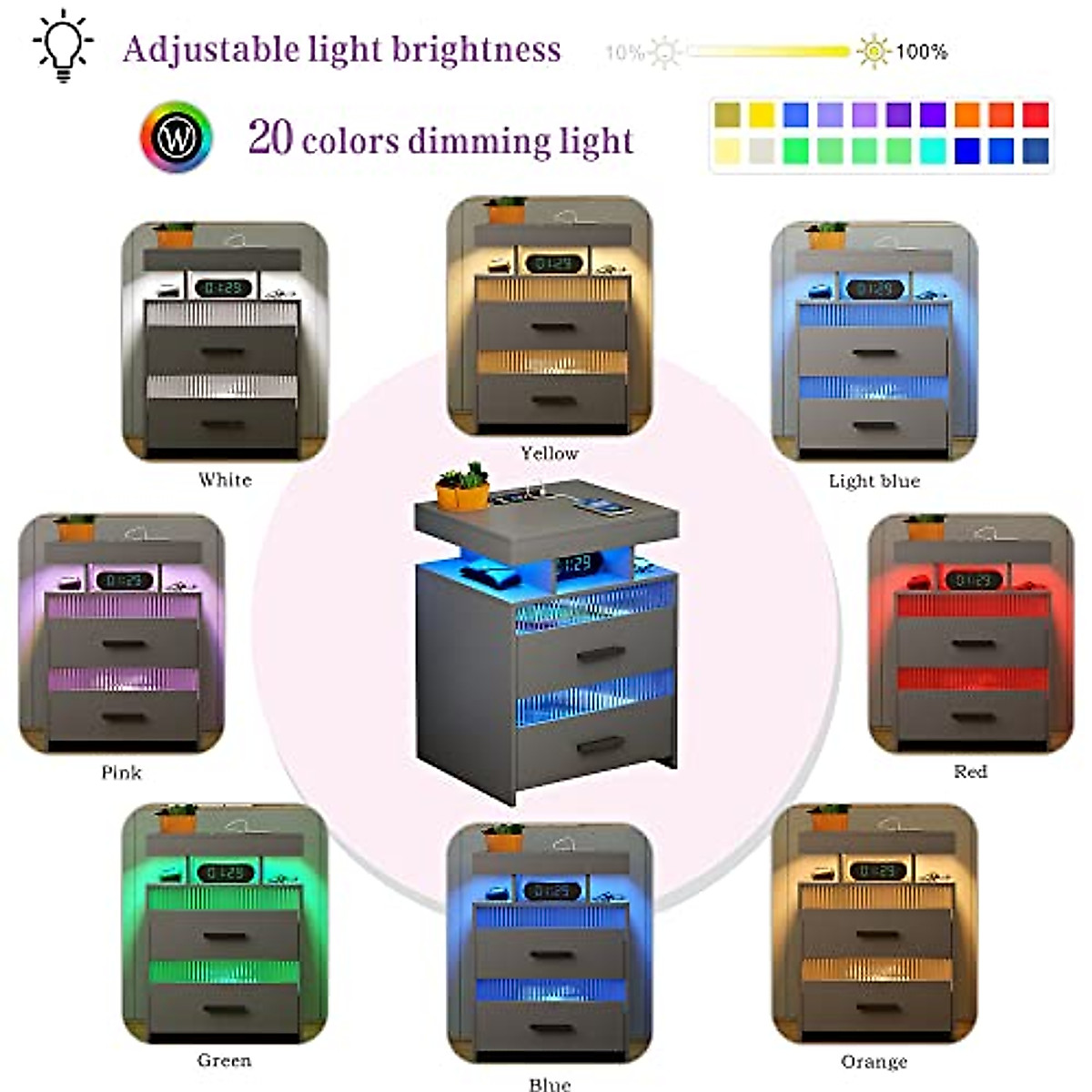 Dystler Nightstand with Charging Station and LED Lights All In One Night Stand with Drawers Bedside Table with USB Port & Outlets and Human Sensor Design Modern End Table for Bedroom Livingroom Office