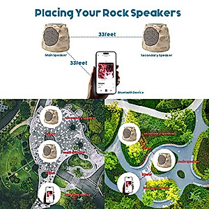 Outdoor Speakers Waterproof 2pack for All Seasons & Solar Powered with Rechargeable Battery Rock Speakers Wireless Bluetooth with Colorful LED Light for Garden, Patio (2-Pc, Granite Grey)