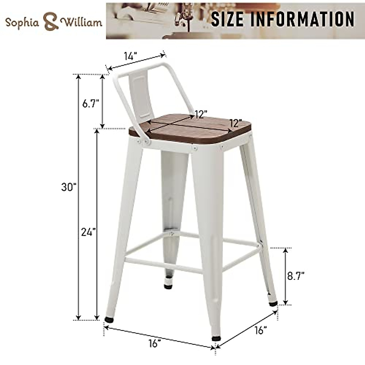 Sophia & William 24 Inch Metal Bar Stools Set of 4 Counter Height Detachable Low Back Bar Stools with Wooden Seat,Indoor/Outdoor Barstools,Creamy White