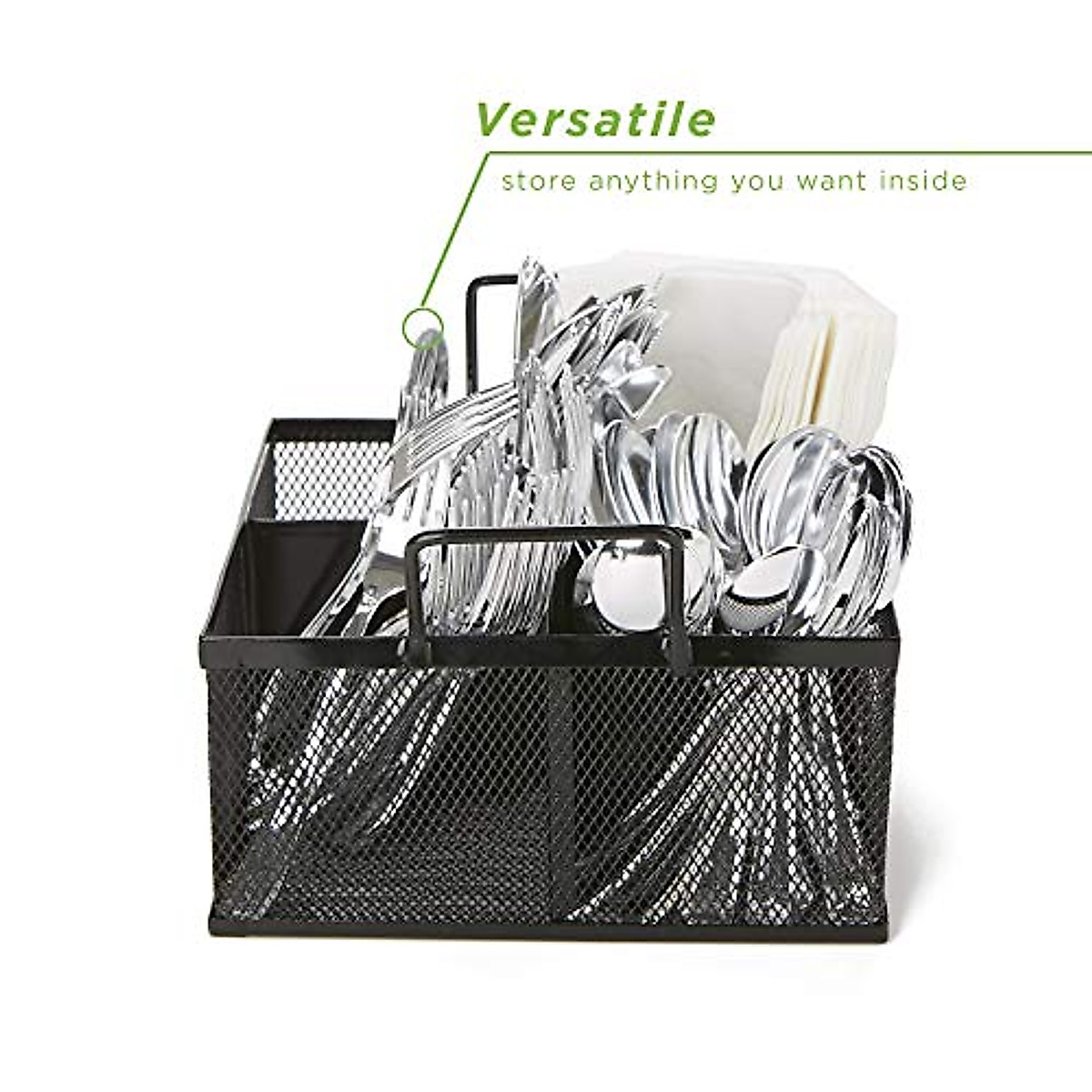 Mind Reader 4-Section Metal Mesh Storage Caddy, Kitchen Utensil Holder, Flatware and Silverware Organizer, Napkin Holder, Black